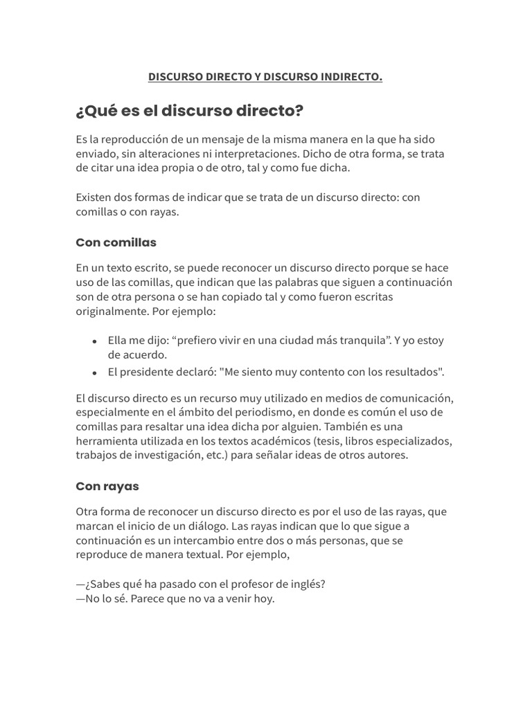 Discurso Directo y Discurso Indirecto | PDF