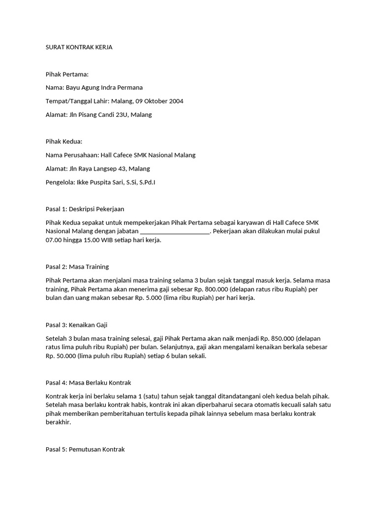 SURAT KONTRAK KERJA Hall Cafece SMK Nasional Malang | PDF