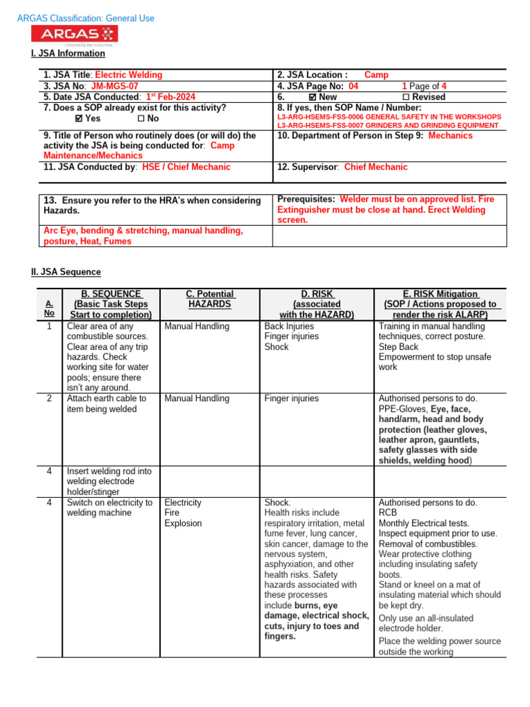 07 MGS JSA Electric Welding | PDF