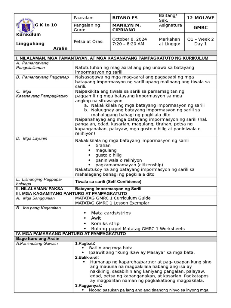 GMRC DLP Q1 Week 1 Day 2 Oct 8 2024 | PDF | Wellness | Self-Improvement GMRC DLP Q1 Week 1 Day 2 Oct 8 2024 | PDF | Wellness | Self-Improvement