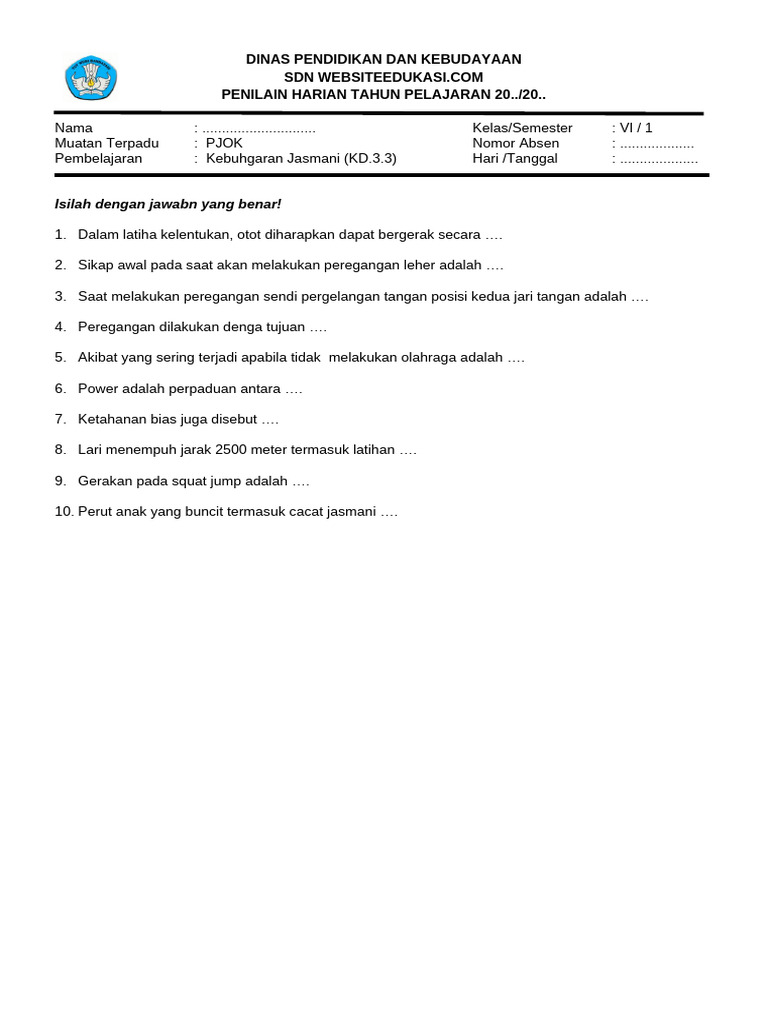Soal PH PJOK Kelas 6 Tema 3 | PDF