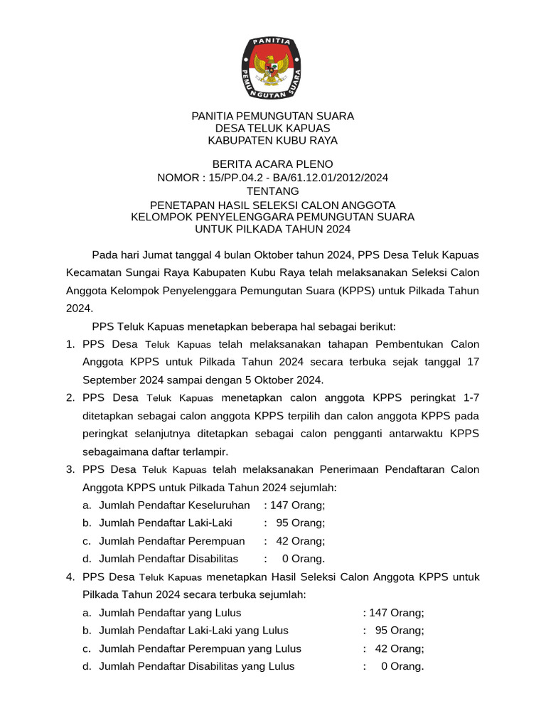 4 Ba Pps Penetapan Hasil Seleksi Kpps Fix | PDF