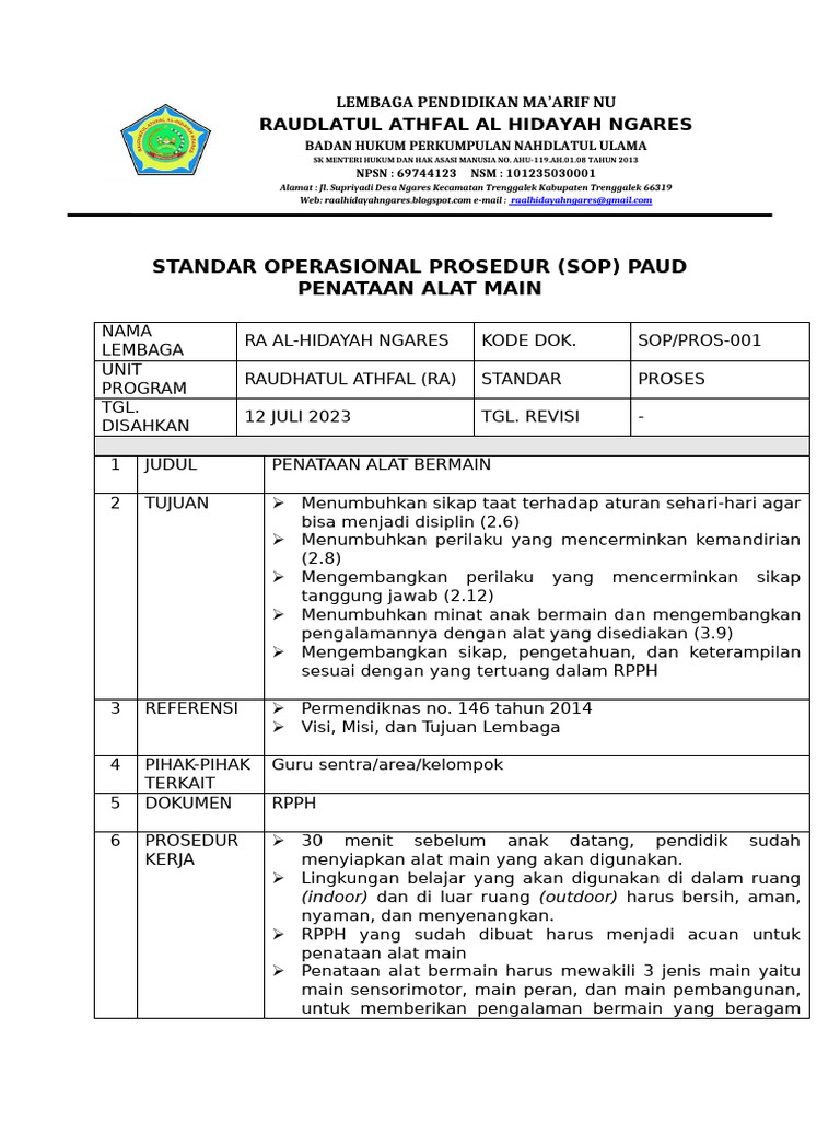 Standar Operasional Prosedur (Sop) Paud Penataan Alat Main: Raudlatul ...