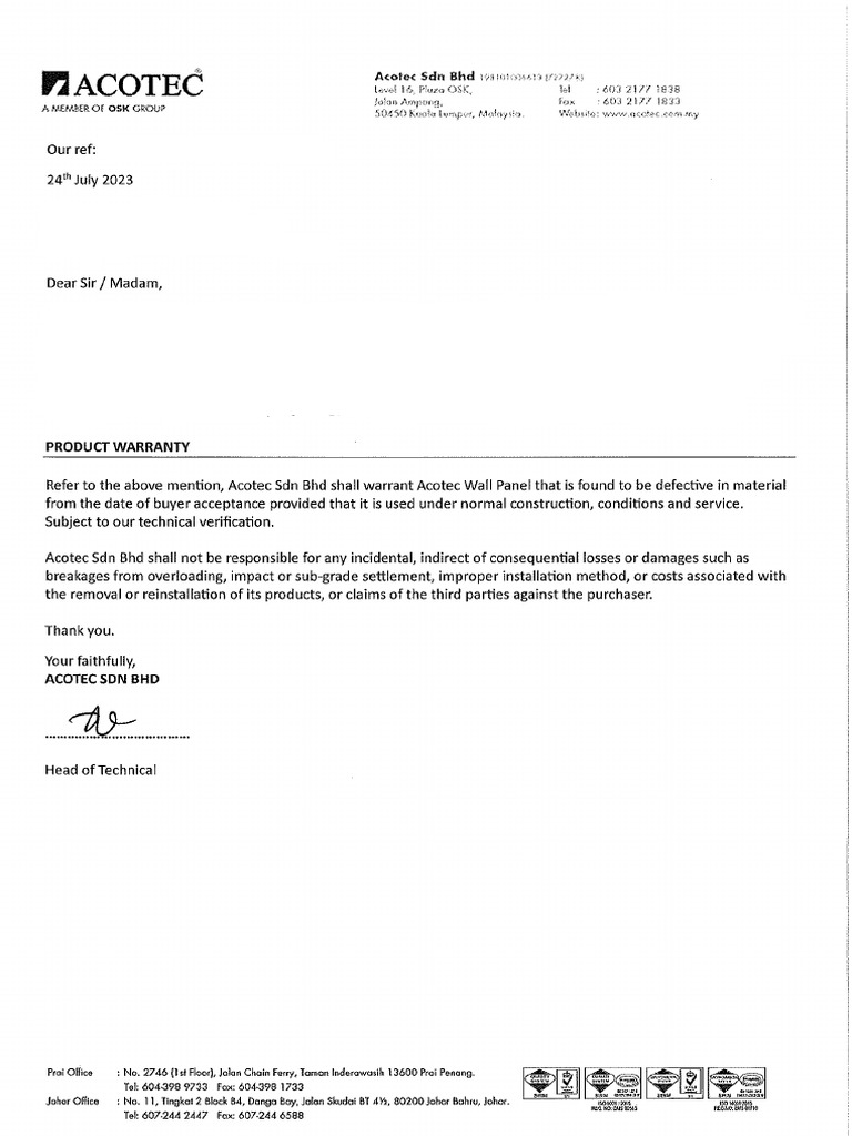 Sample Warranty Letter | PDF