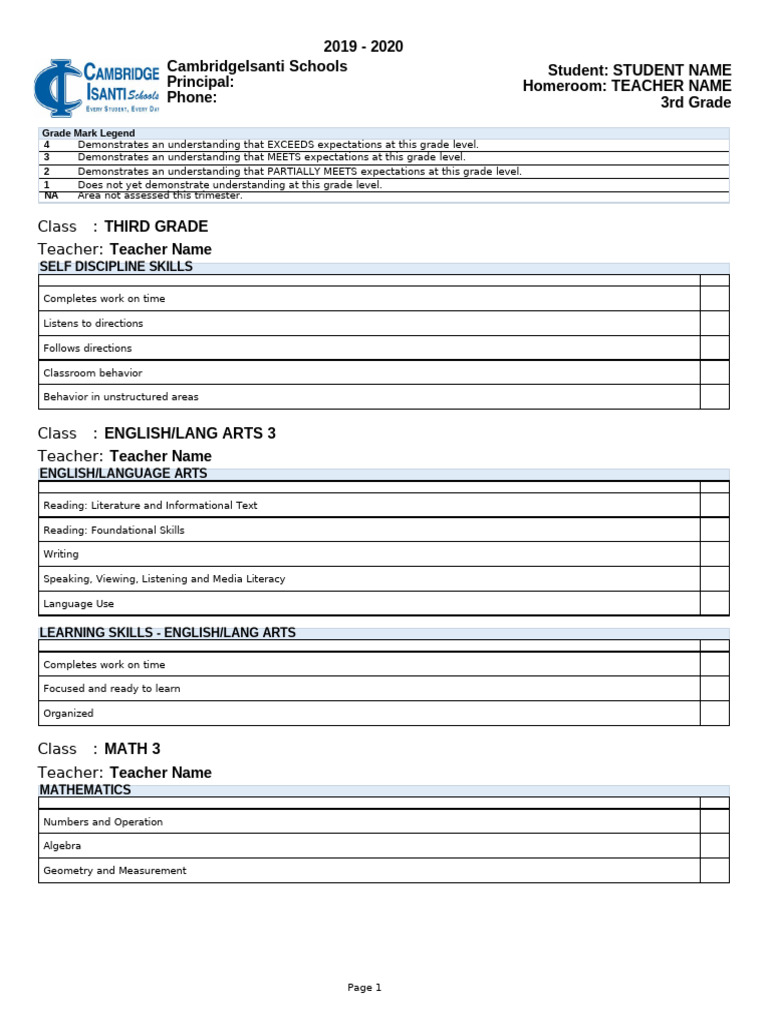3rd Grade Report Card | PDF