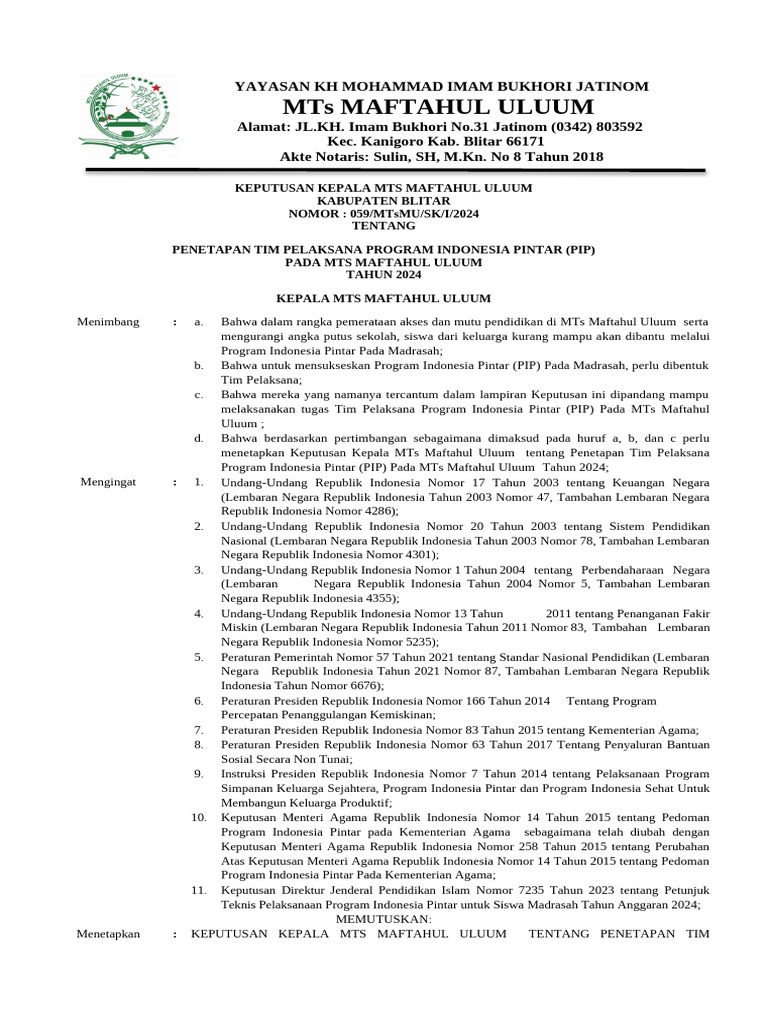 SK TIM PELAKSANA PIP MTs | PDF