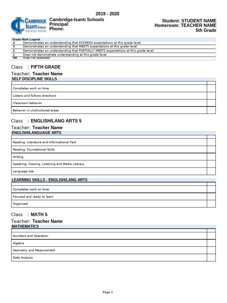 5th Grade Report Card | PDF | Language Arts & Discipline | Wellness