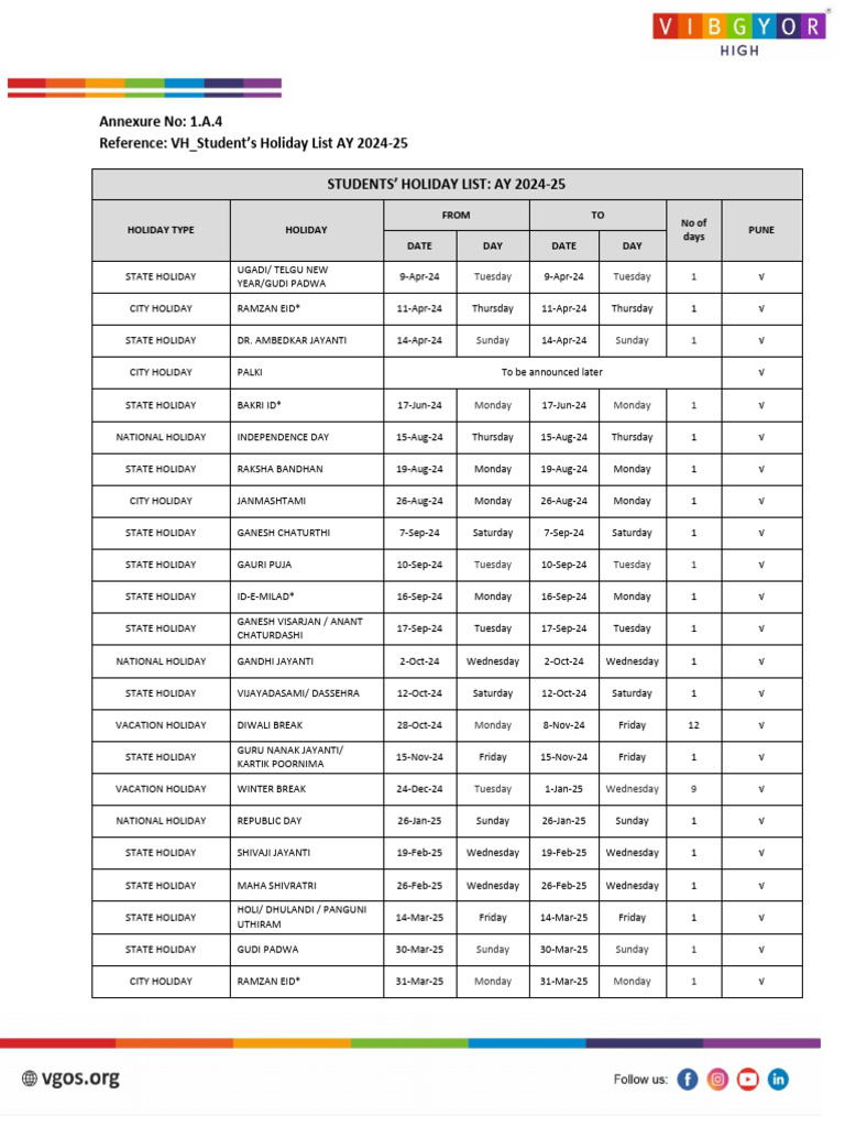 Annexure 1. A. 4 VH GR 1 To 11 Student Holiday List Ay 2024 25 | PDF