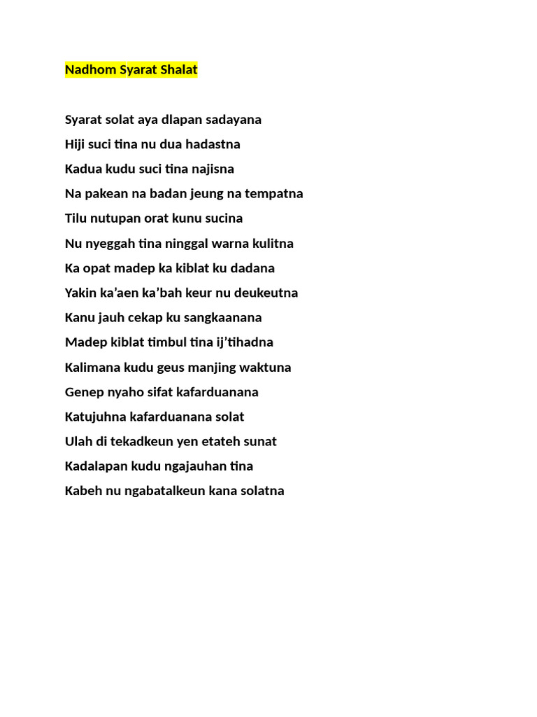 Nadhoman Safinah (Rukun Shalat) | PDF