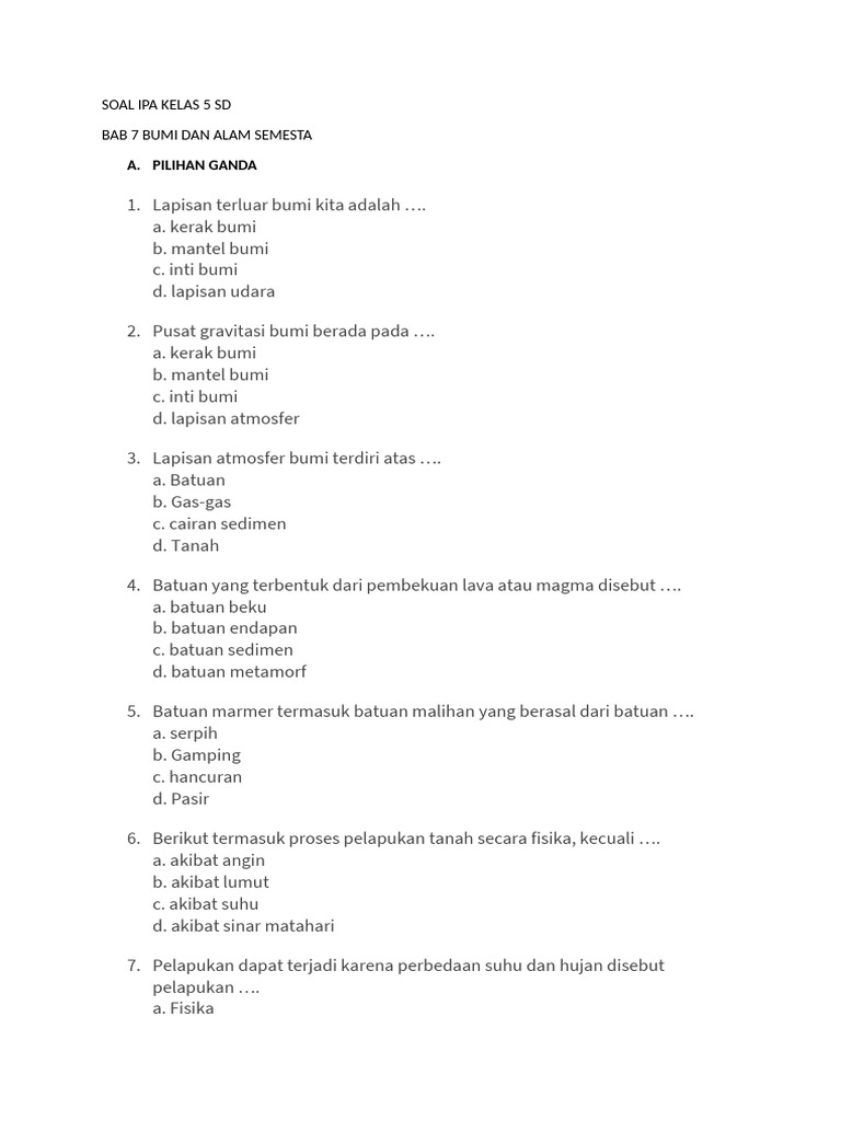 Soal Ipa Kelas 5 SD Bab 7 Bumi Dan Alam Semesta | PDF