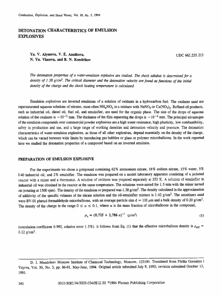 Detonation Characteristics of Emulsion Explosives | PDF
