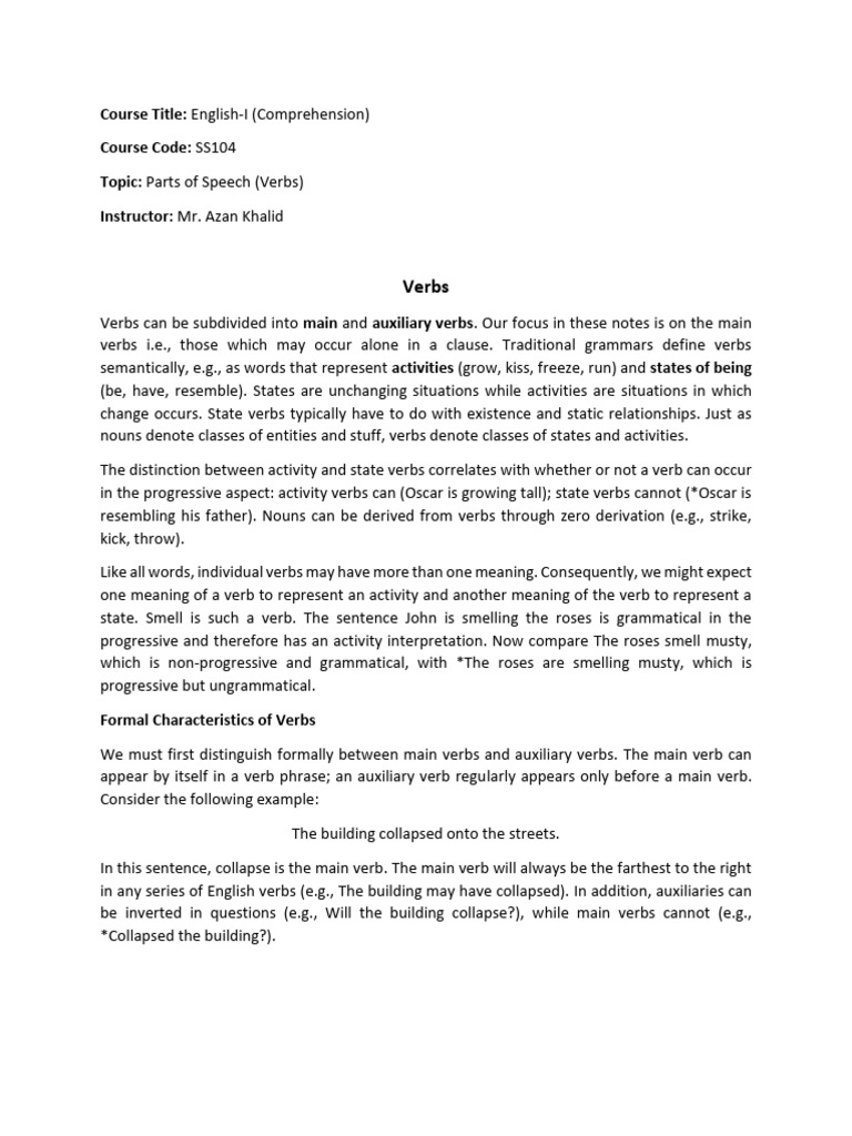 Parts Of Speech Verb Pdf