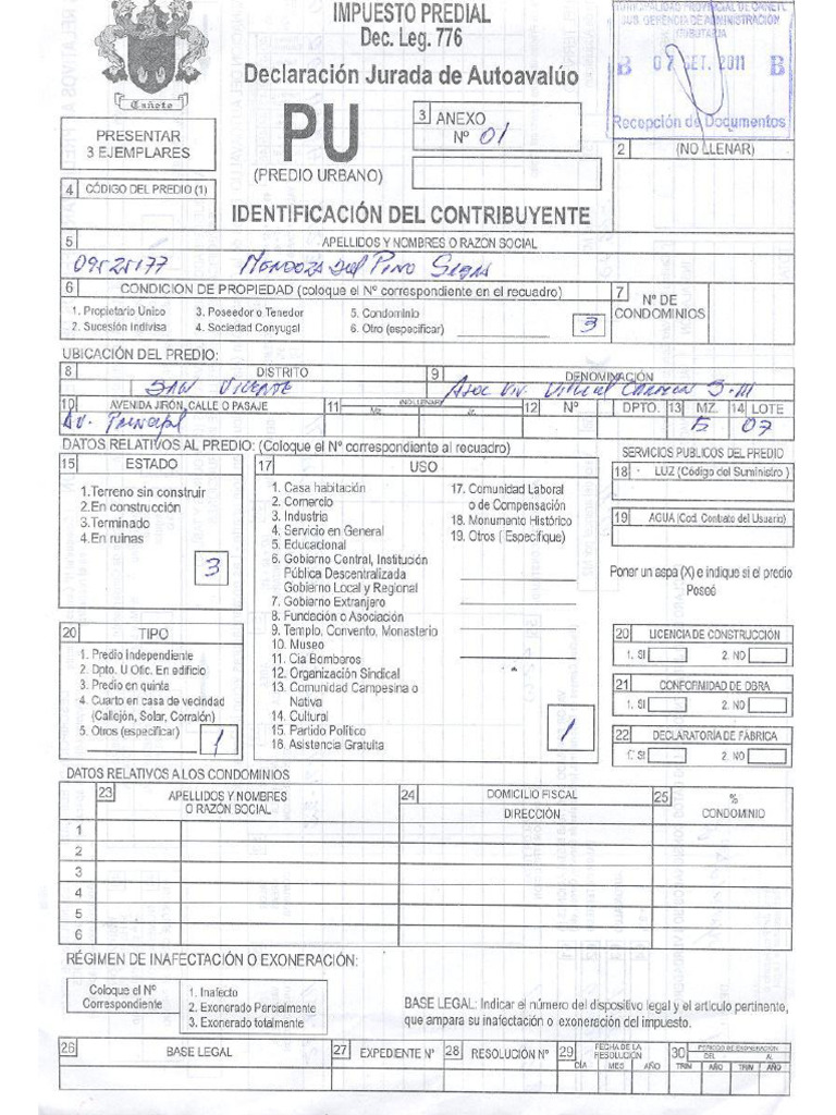 Ejemplo de Llenado de Formulario de Declaración Jurada de Autoavalúo (PU) | PDF