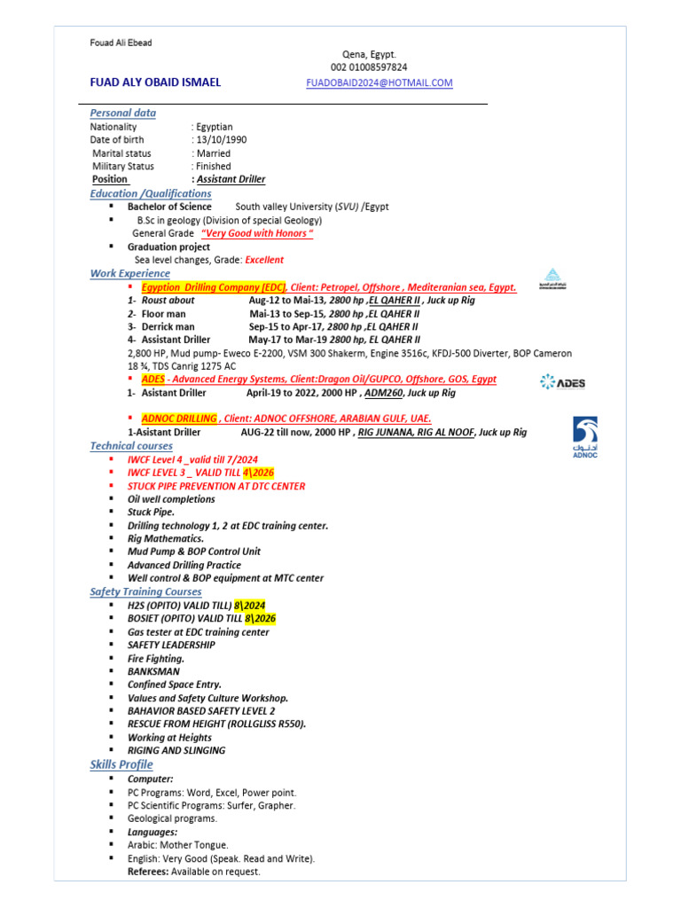 Fouad Assistant Driller Edc Ades Adnoc | PDF