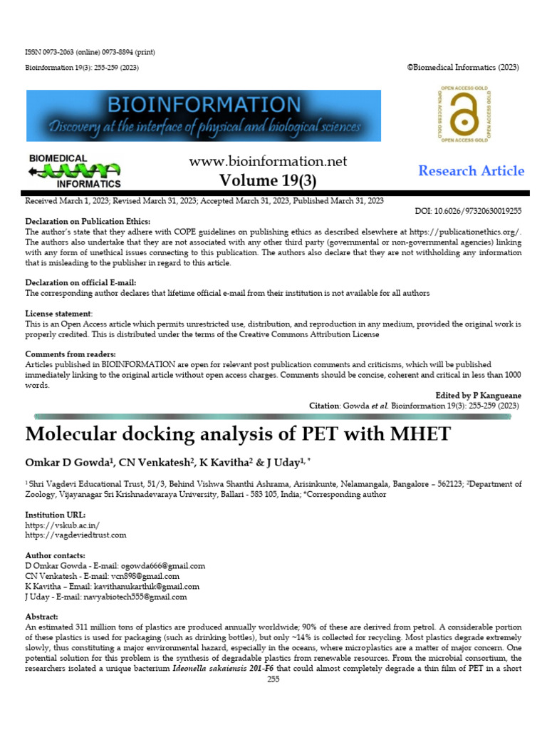 Molecular Docking Analysis of PET With MHET: Volume 19 | PDF