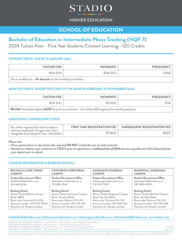 STADIO SOE CL BEd in Intermediate Phase Fees 2024 | PDF