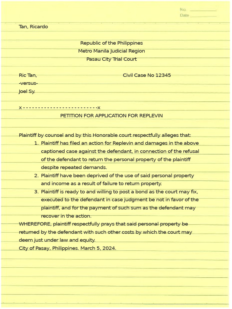 Petition For Application For Replevin | PDF