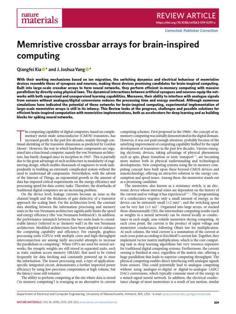 Memristive Crossbar Arrays For Brain-Inspired Computing: Review Article | PDF