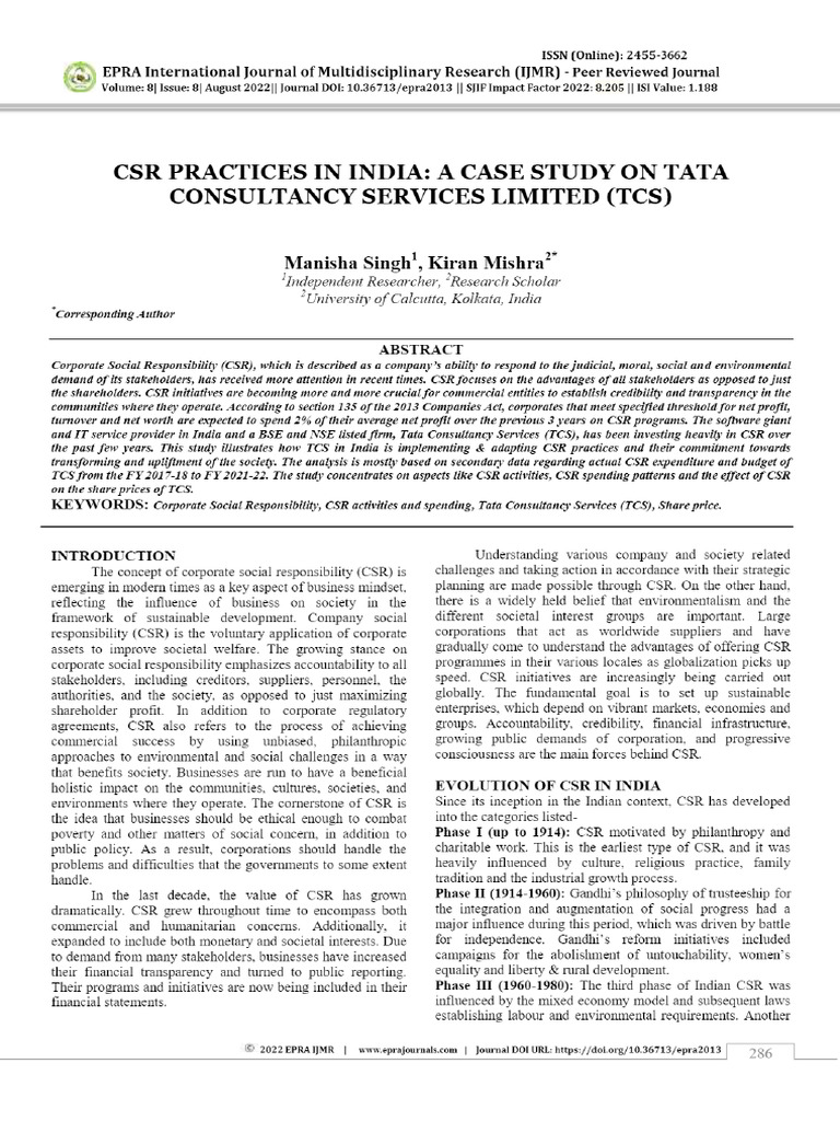 CSR PRACTICES IN INDIA - A CASE STUDY ON TATA CONSULTANCY SERVICES ...