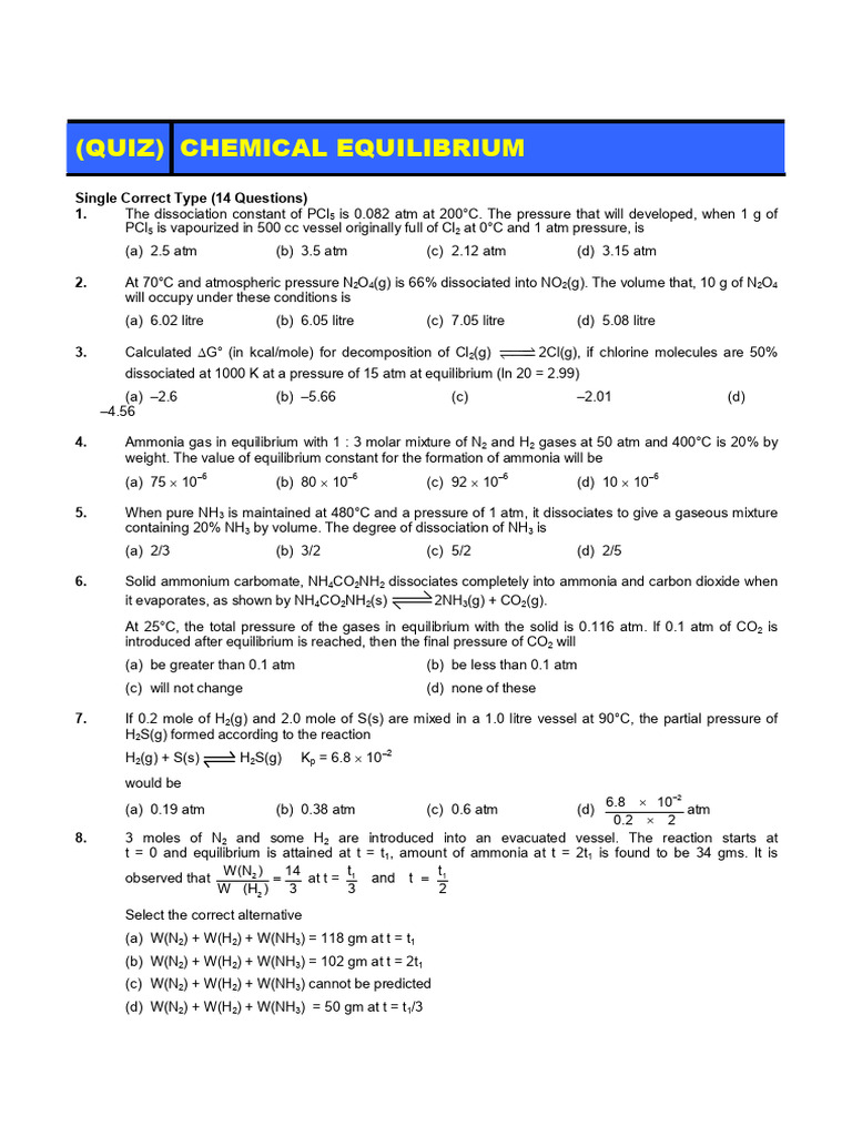 QUIZ Chemical Equilibrium | PDF