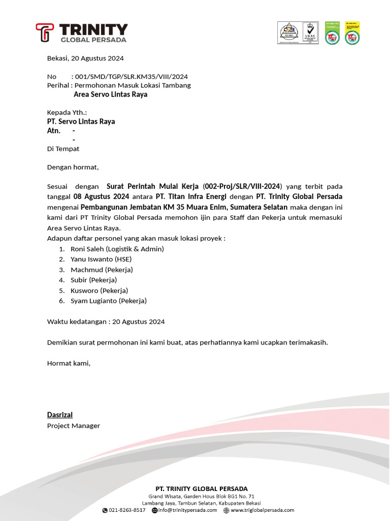 001-SMD-TGP-SLR - KM35-VIII-Surat Izin Masuk Area Tambang | PDF