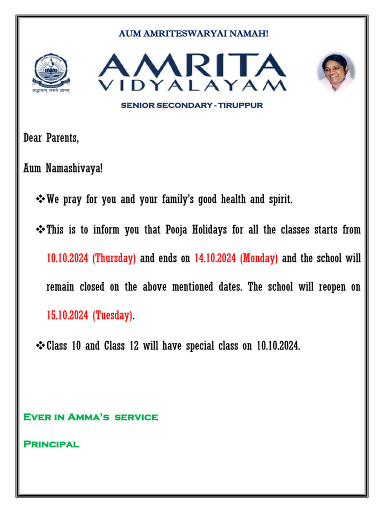 Pooja Holidays Circular | PDF