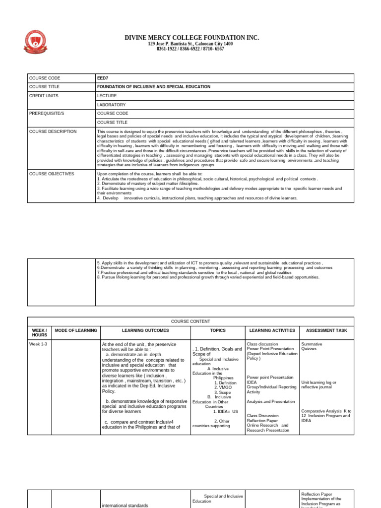 Syllabus - Foundation in Inclusie Sped - Sy23 24 | PDF