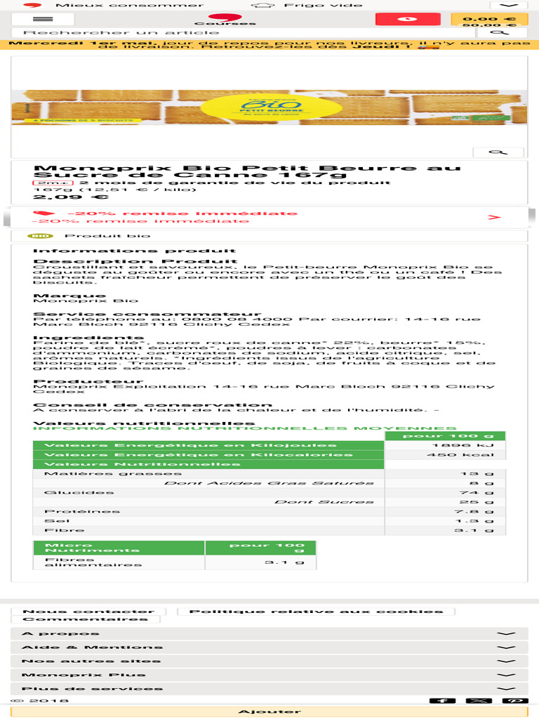 Monoprix Bio Petit Beurre Au Sucre de Canne 167g: - 20% Remise Immédiate | PDF