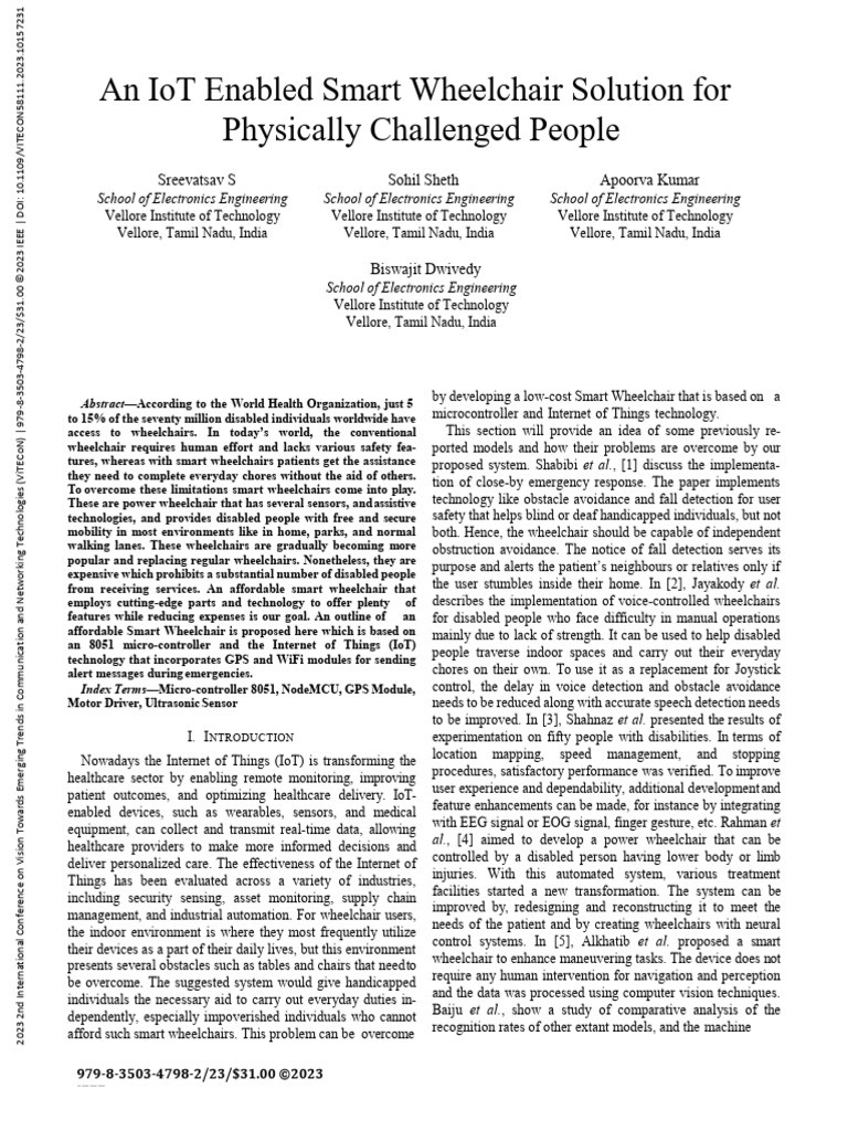 An IoT Enabled Smart Wheelchair Solution For Physically Challenged People | PDF