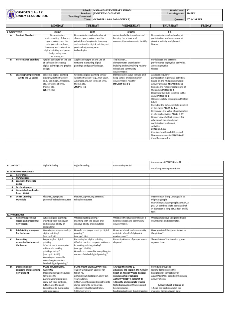 DLL - Mapeh 6 - Q2 - W3 | PDF