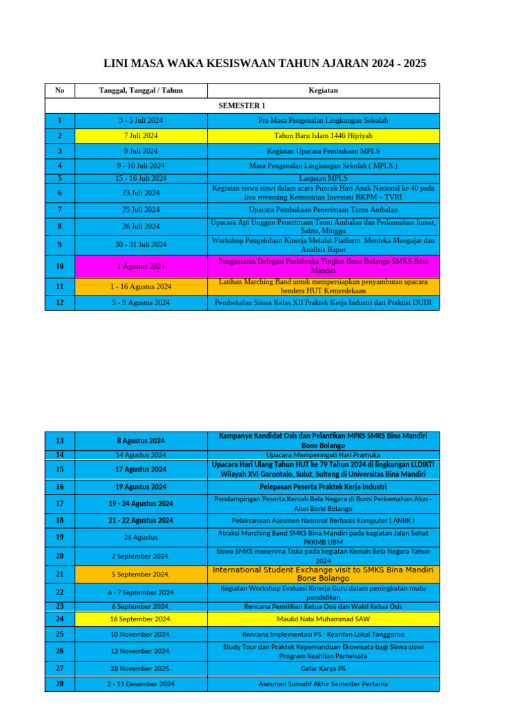 LINI MASA WAKA KESISWAAN TAHUN AJARAN 2024 | PDF