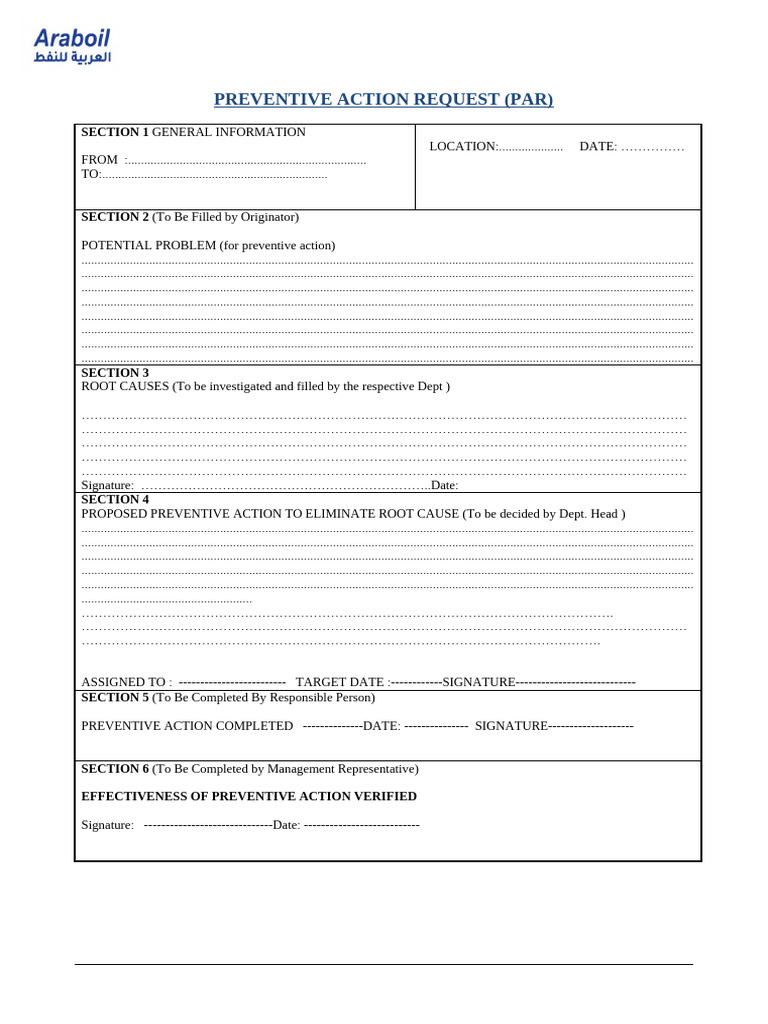 Preventive Action Request | PDF