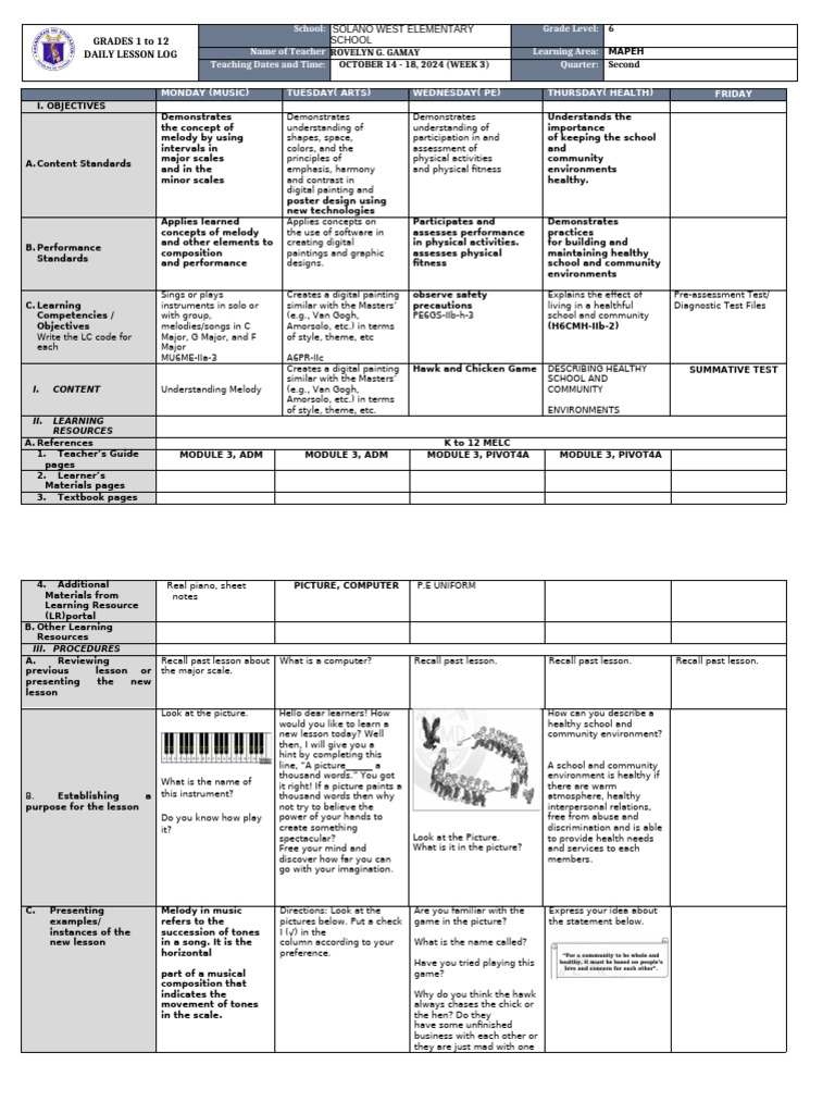 DLL - Mapeh 6 - Q2 - W3 | PDF