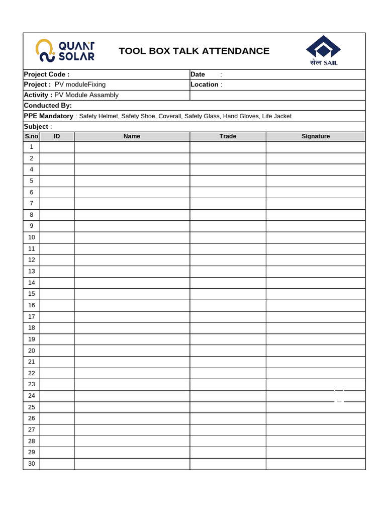 Tool Box Talk Attendance Sheet 0111 | PDF