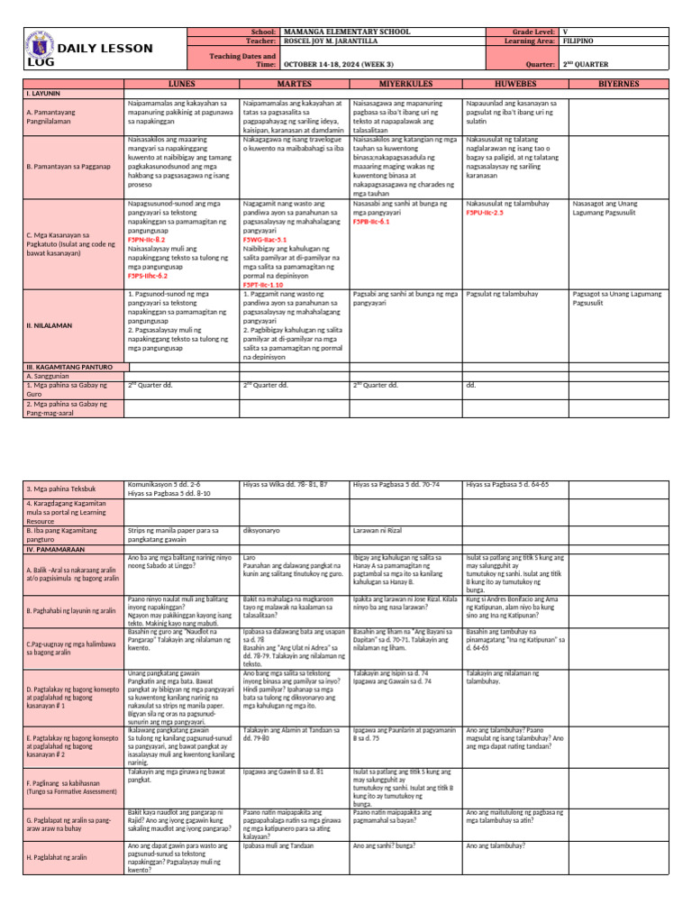 DLL - Filipino 5 - Q2 - W3 | PDF