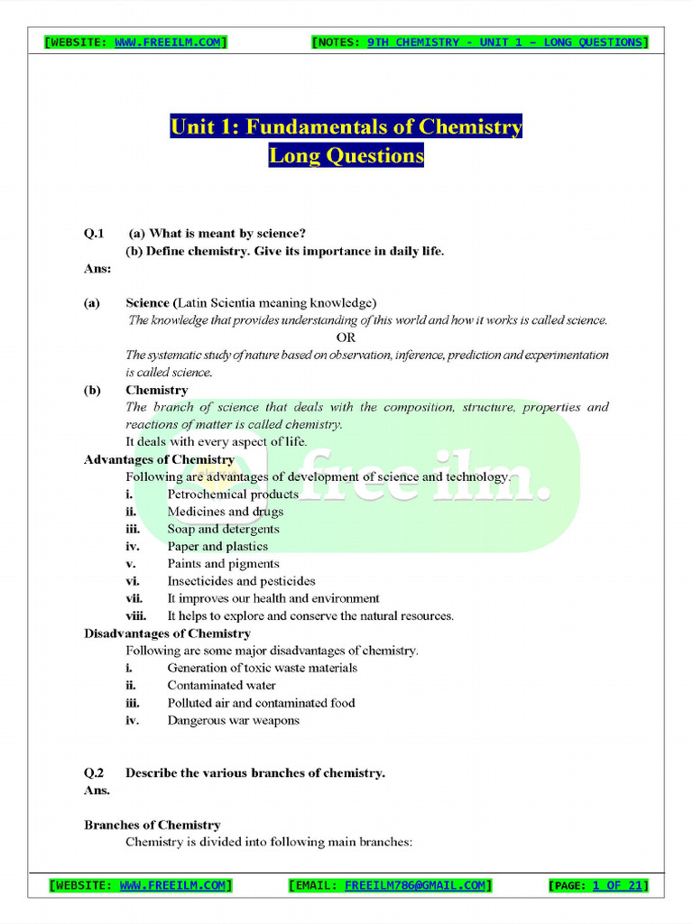 9th Chemistry Ch1 Long Q | PDF
