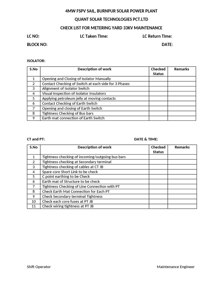 33Kv Metering Yard Checklist | PDF