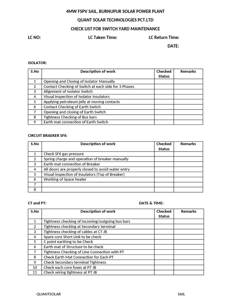 Check List For Switch Yard Maintanance | PDF