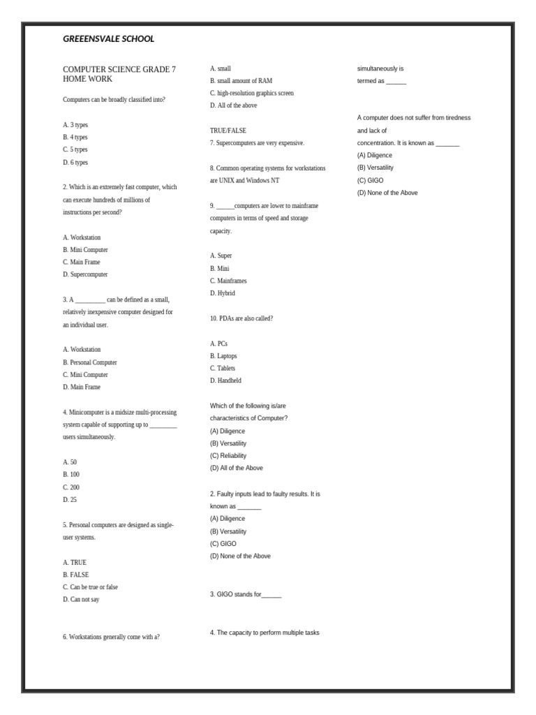 Grade 7 Computer Science Homework | PDF | Personal Computers | Workstation