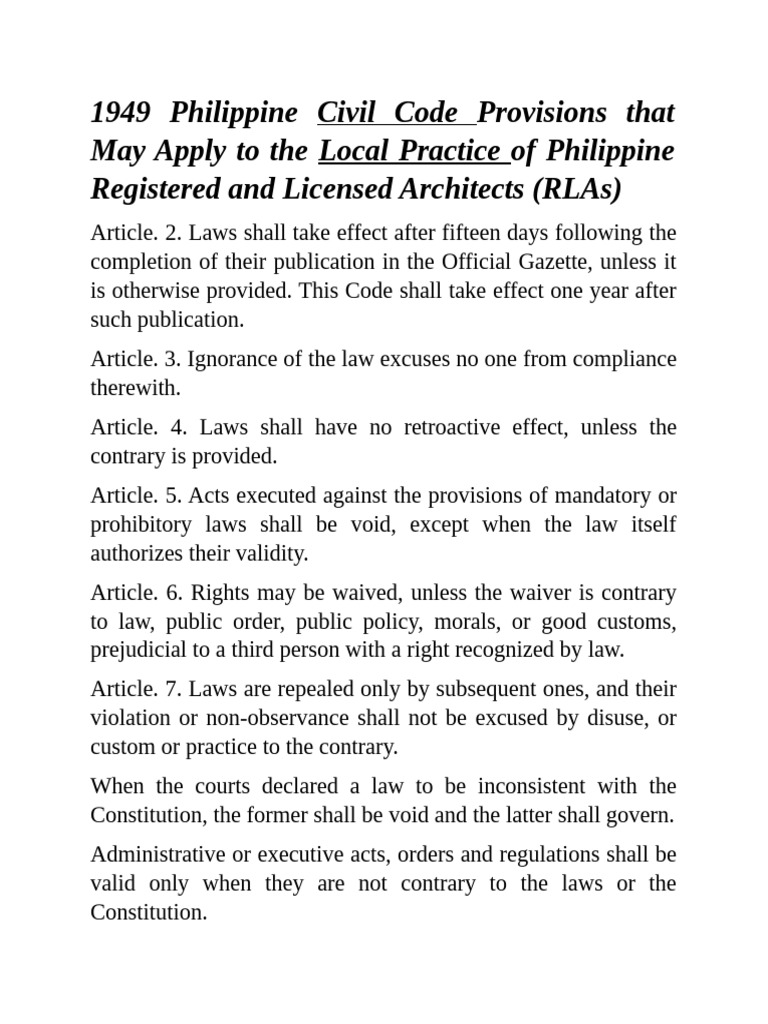 1949 Philippine Civil Code Provisions That May Apply To The Local ...