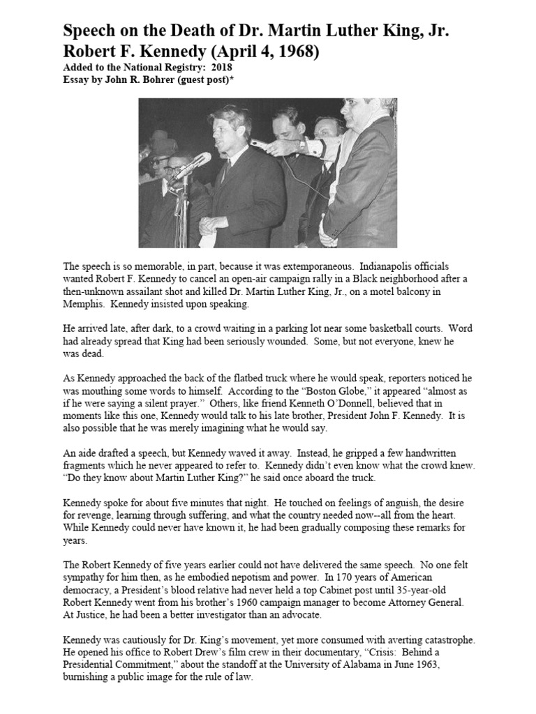 Robert Kennedy Speech On The Death of DR King - Bohrer | PDF