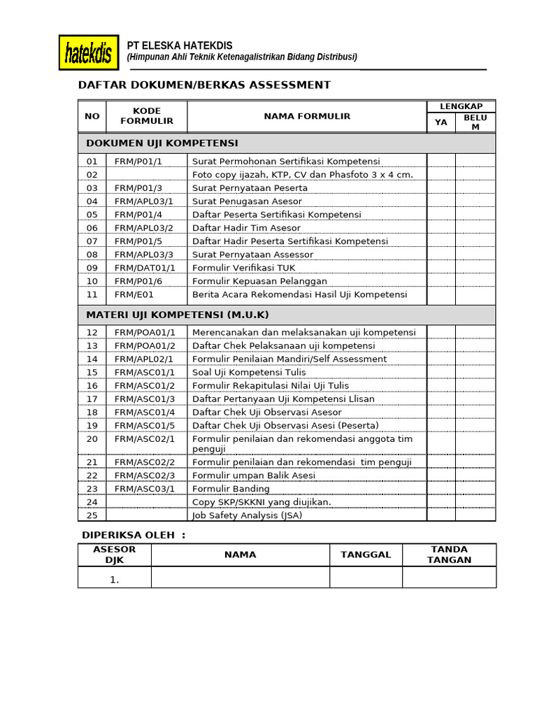 01-Daftar Cek Dokumen Asesmen | PDF