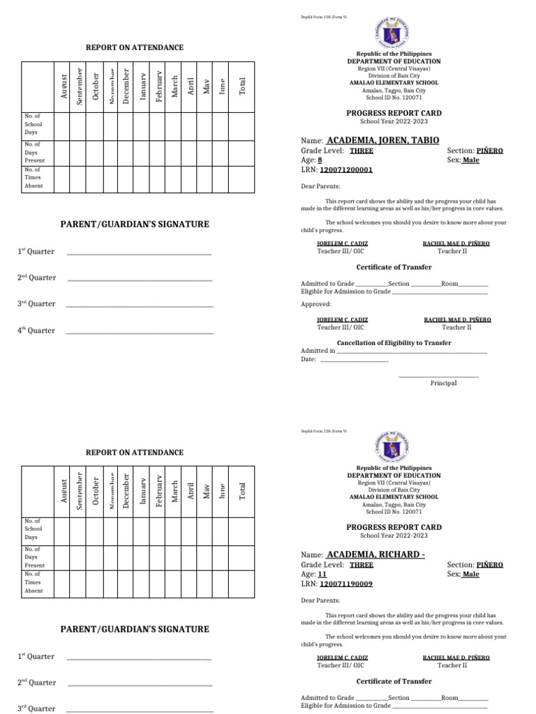 Report Card SF9 | PDF