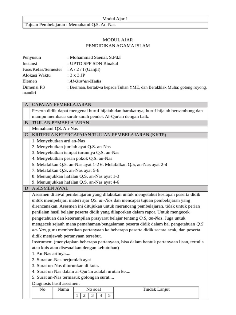 Modul Ajar 1 Kelas 2 Semester 1.docxx | PDF
