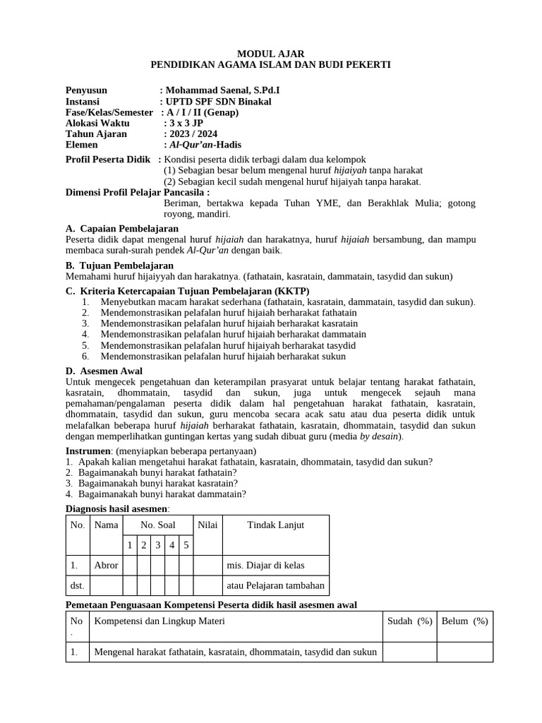5b. Contoh - Modul Ajar Kelas I-2.1.docx Genap | PDF