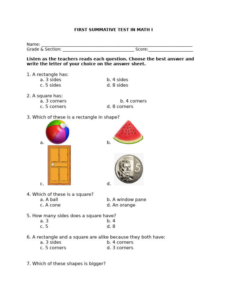 Q1 1st S - Test MATH 1 | PDF