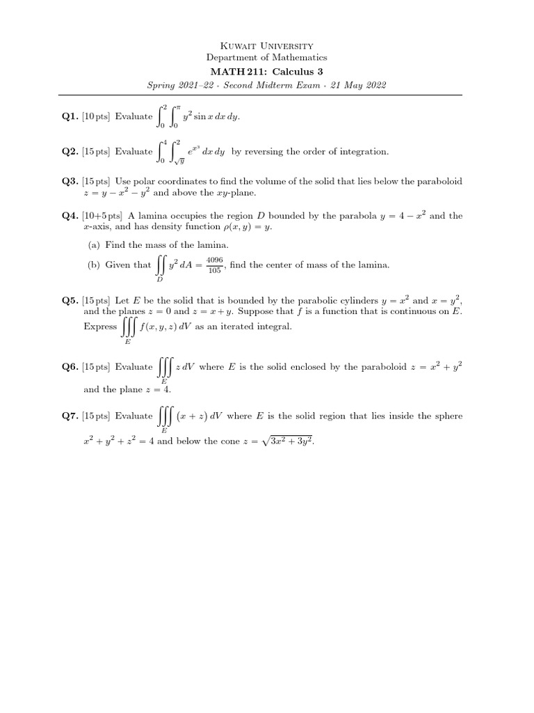 Math 211-Spring-2021-2022-Midterm Exam 2 | PDF