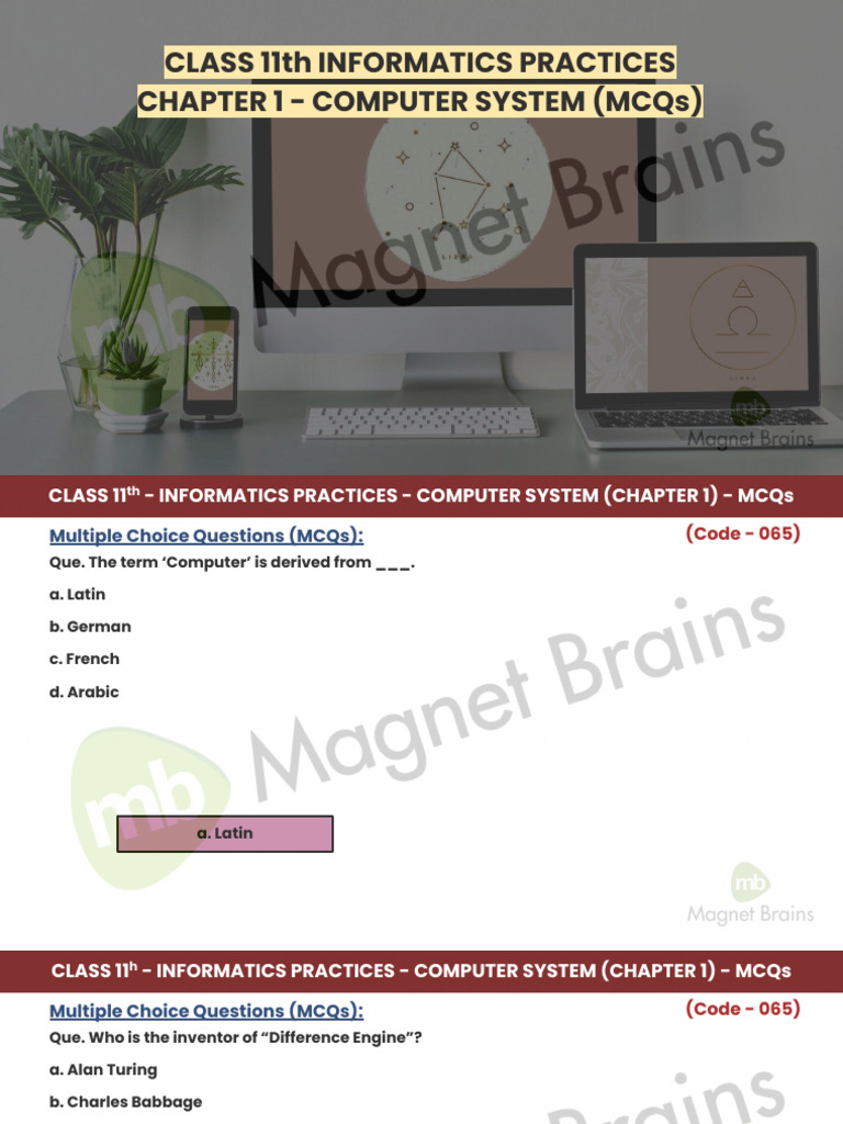 11th - Chapter 1 - Computer System - MCQs | PDF