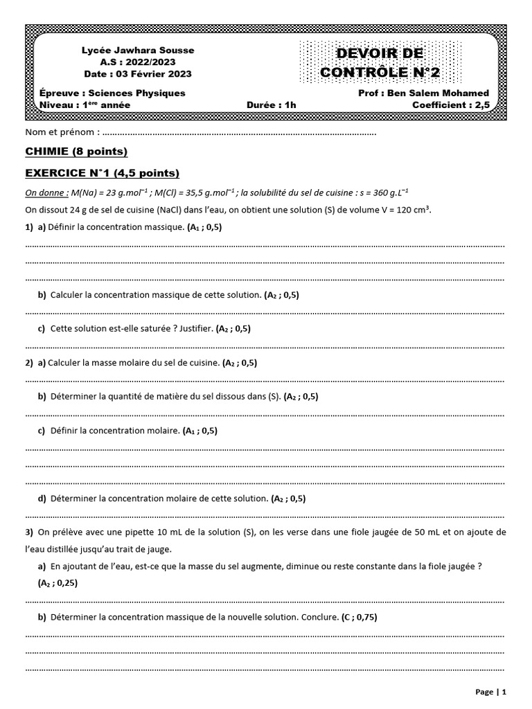 Devoir de Contrôle N°2 Première Année | PDF