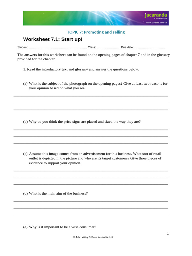 Worksheets - Chapter 7 (Promotion) | PDF